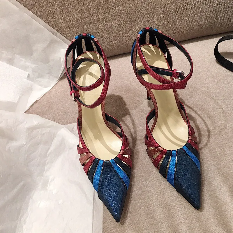 Pointed Toe High Heels Shoes Woman Raspberry Mix Glitter Fabric Strappy ...