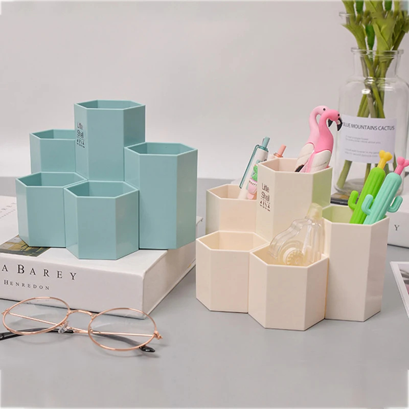 Cute-Hexagonal-Pen-Holder-Desk-Pen-Case-Large-Capacity-Pencil-Storage ...