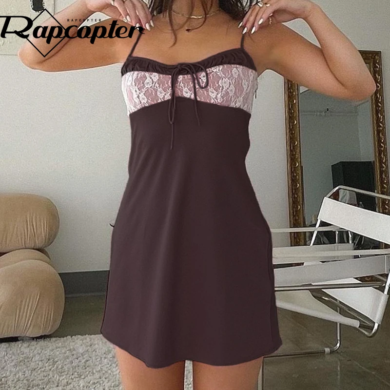 Rapcopter Y2K Lace Trim Mini Dress Bow Cute Spaghetti Strap Sundress ...