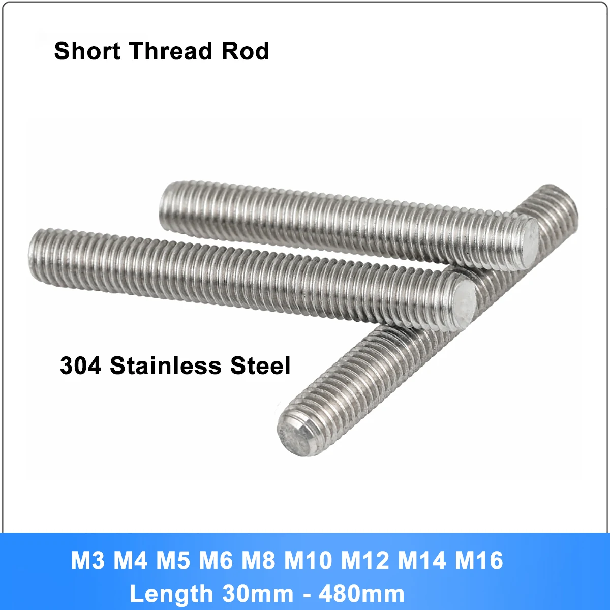 1/2/5/10pcs 304 Stainless Steel Threaded Rod Short Full-Thread Bar M3 ...