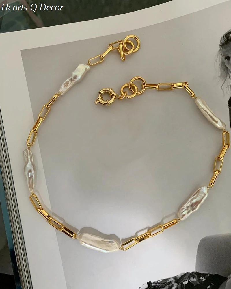Brass Irregular Freshwater Baroque Pearl Chain Necklace Punk Statement ...