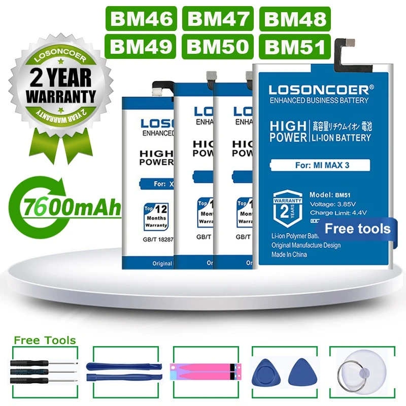 7600mAh BM46 BM47 BM48 BM49 BM50 BM51 배터리, Xiaomi Mi Max 3 /Redmi Note ...