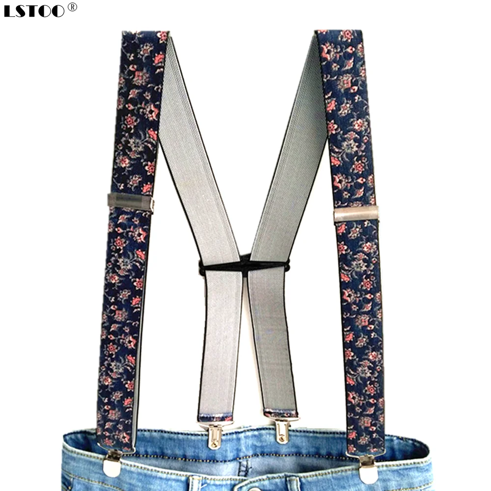 Flower Print New Design H Shape Adult Suspenders 3.5 Width 4 Clips ...