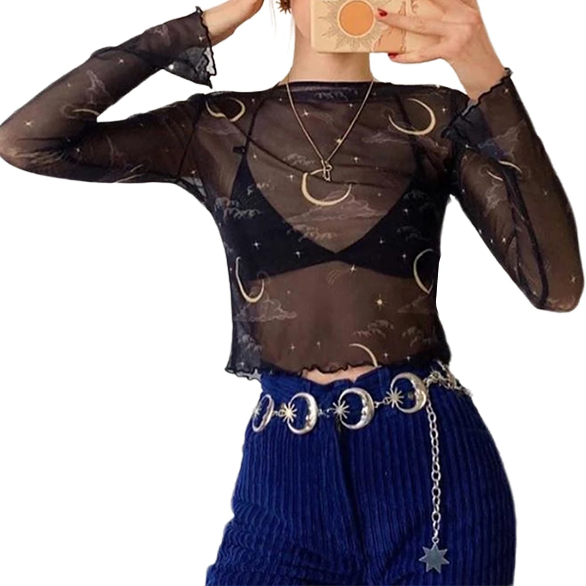 Summer Mesh Top Stars Moon Women's Shirts Printed Round Neck ...