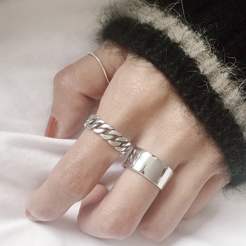 925 Sterling Silver Wide Chain Ring Set Silver Vintage Wild Square ...