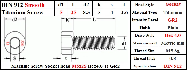 DIN 912 M5-28mm-10 PCS Ti GR2 -Vis à tête hexagonale Ti GR2, ISO 7380 DIN 912 en titane, M5x8 ...