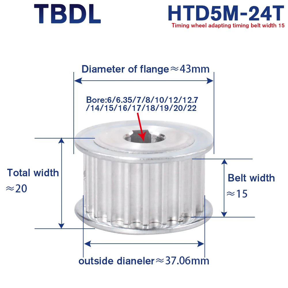 24 개 톱니 HTD 5M 타이밍 동기 풀리 보어 6/7/8/10/12/14/15/16/17/19/20/22mm 폭 15mm ...