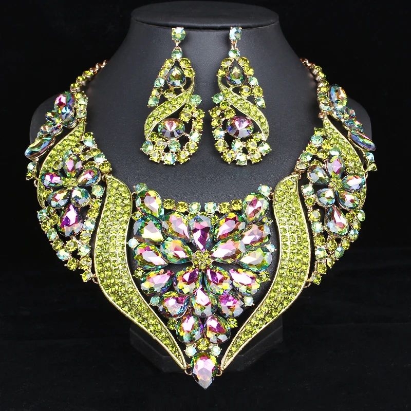 luxurious Big Crystal Statement Necklace Earrings Set Gold Color ...