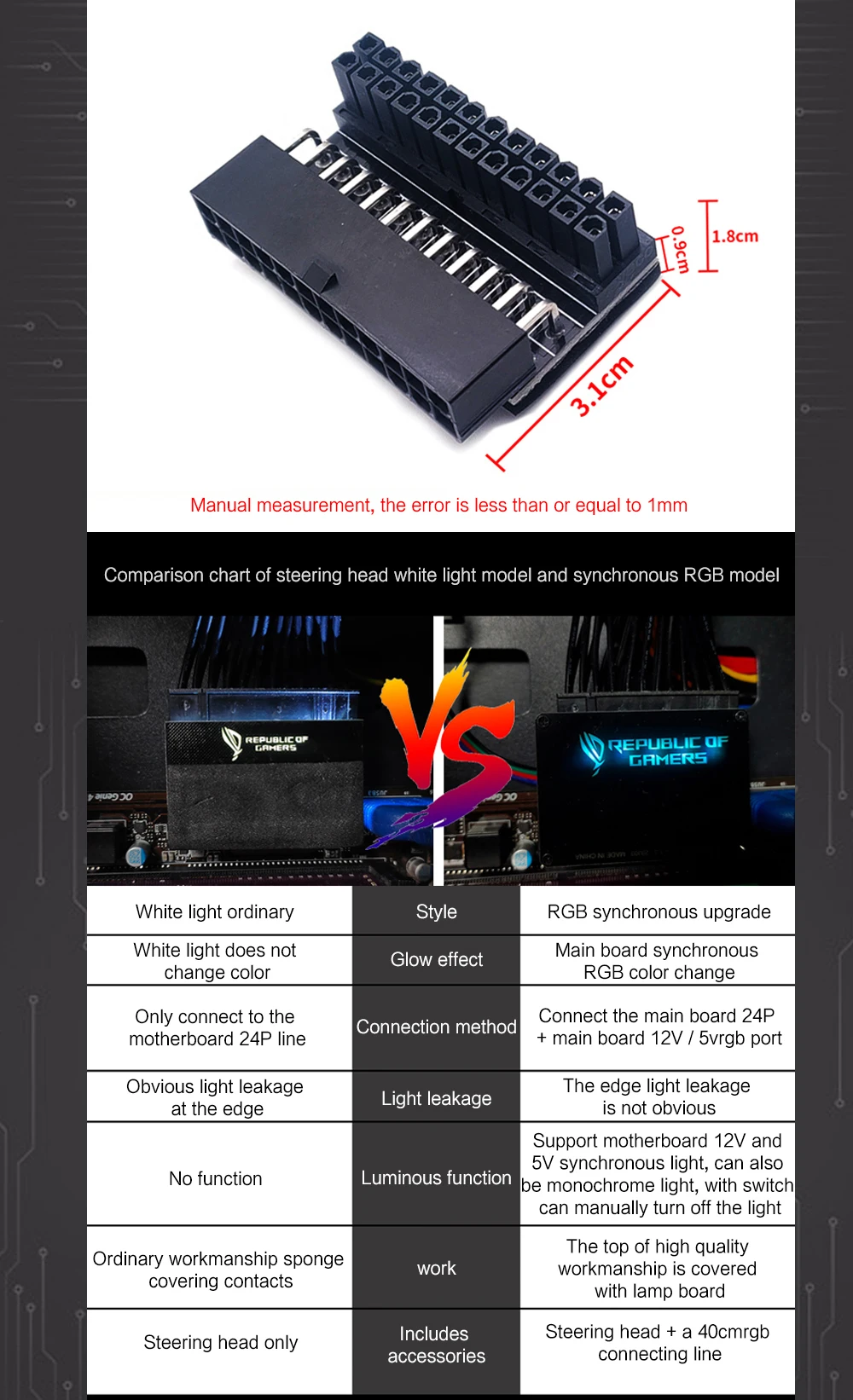 M/B ATX PSU 24 Pin Right Angle 90 Degree Connector Adapter 5V/12V RGB ...