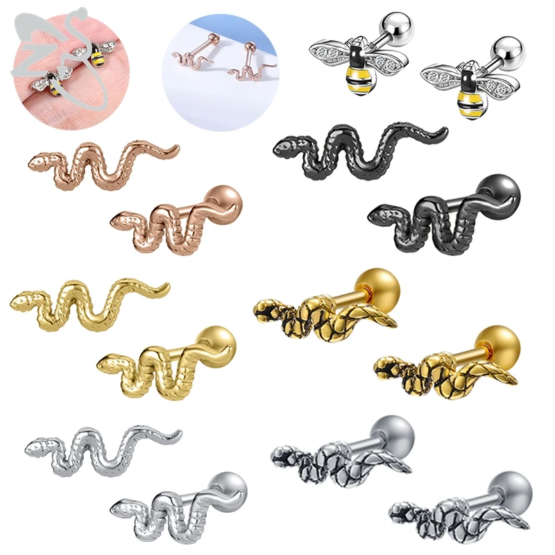 ZS 1 Pasang 16G Anting Stud Baja Bedah Lebah Ular Punk untuk Wanita ...