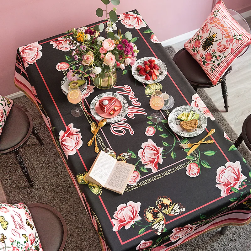 French Rose Print Tablecloth Classical Velvet Table Cloth Thick Dust ...