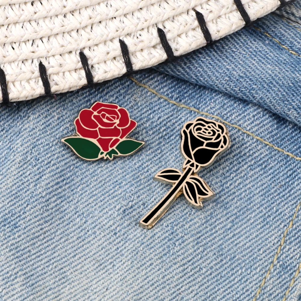 Fashion Flower Lapel Pin Women Badge 2pc Red Black Rose Design Metal ...