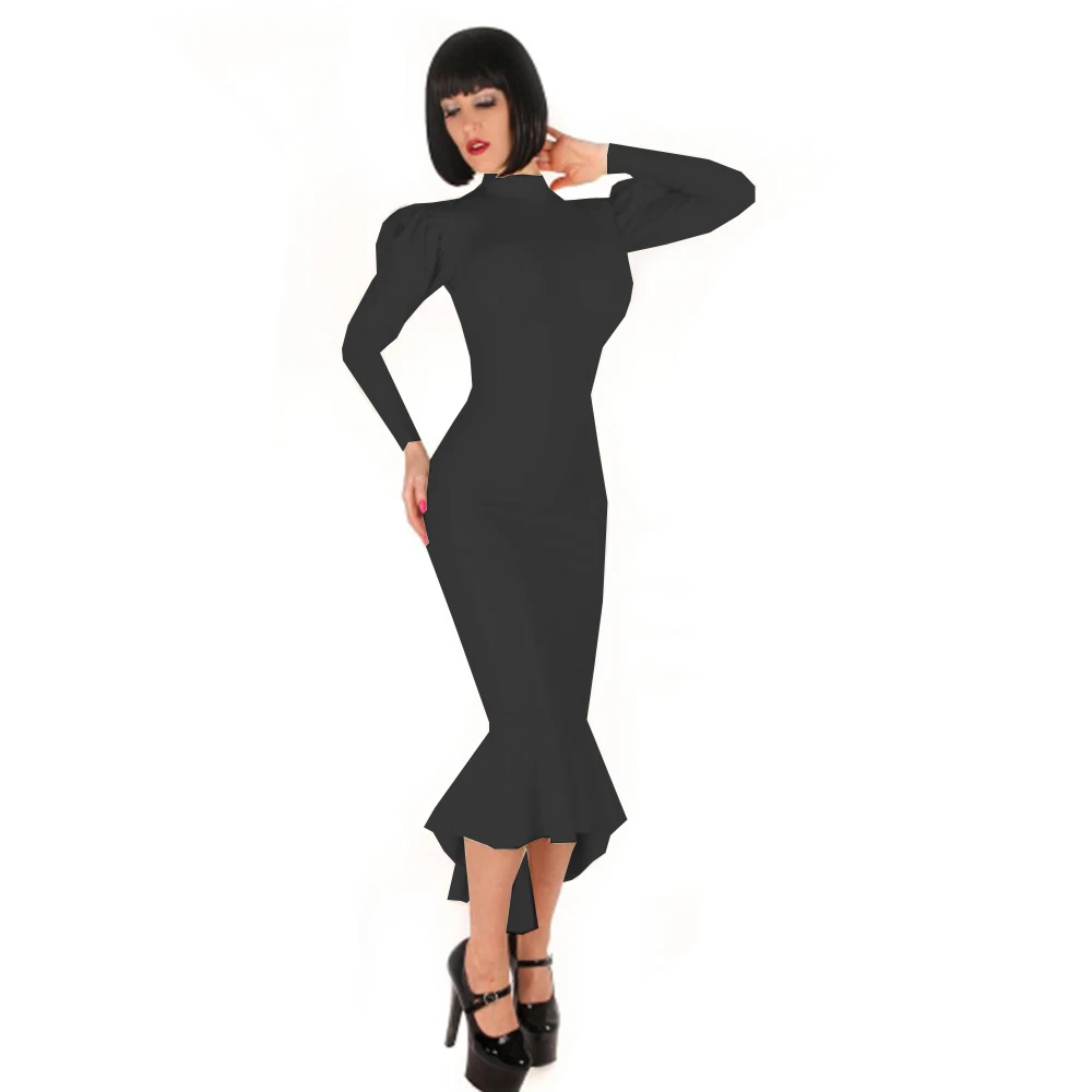 Women Long Puff Sleeves Dress Sexy PVC Latex Club Party Dress High Neck ...