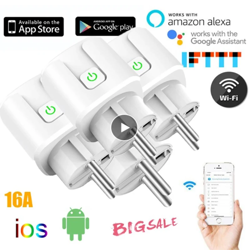 4PCS Tuya WiFi EU Smart Plug 16A 220V Adapter Wireless Remote Voice ...