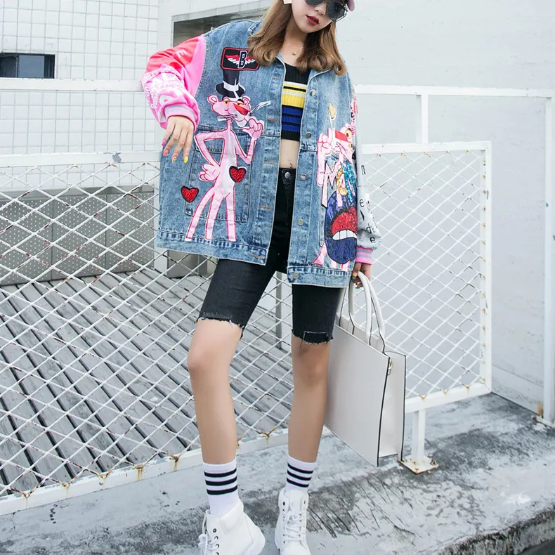 Streetwear Coats Sequins Denim Jacket Cartoon Printing - Allkpop Shop