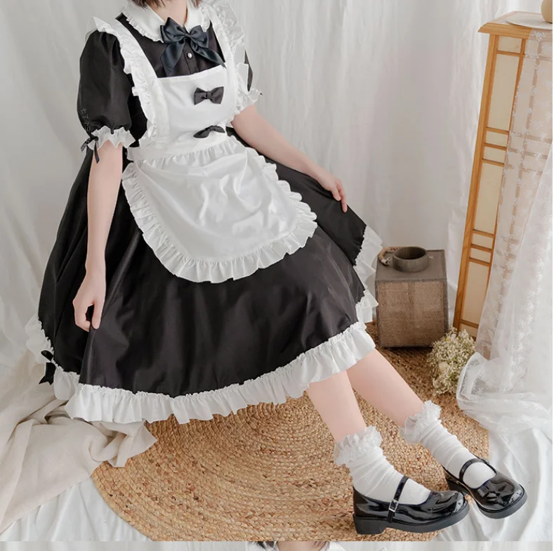 Lovely Soft Girl perspective Sexy Maid Dress Set Black White Women's ...