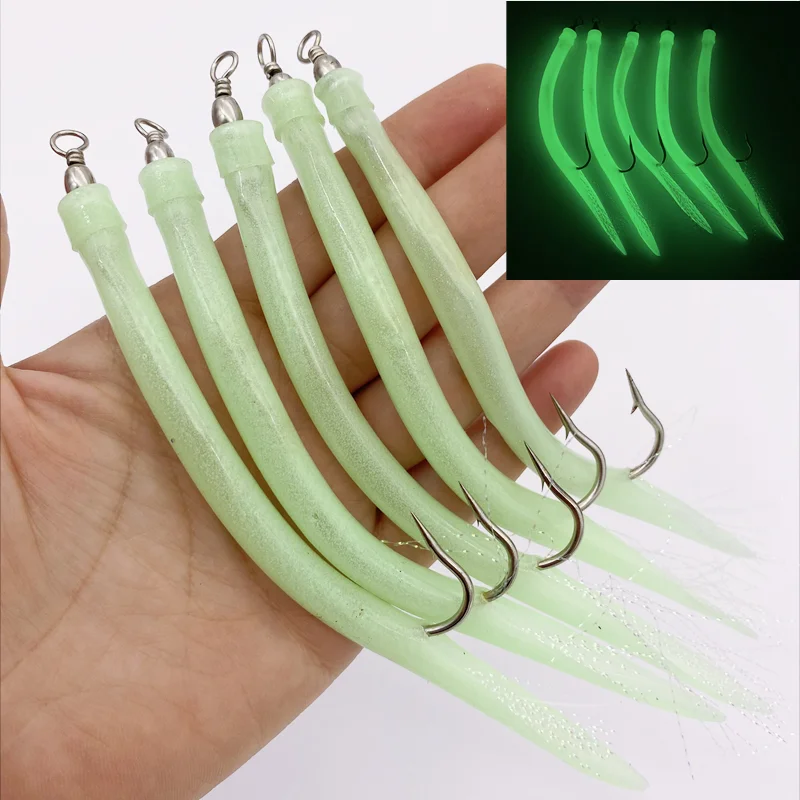 5Pcs*Luminous Fishing Eel Tube bait shank offset Hooks Barbed Octopus ...