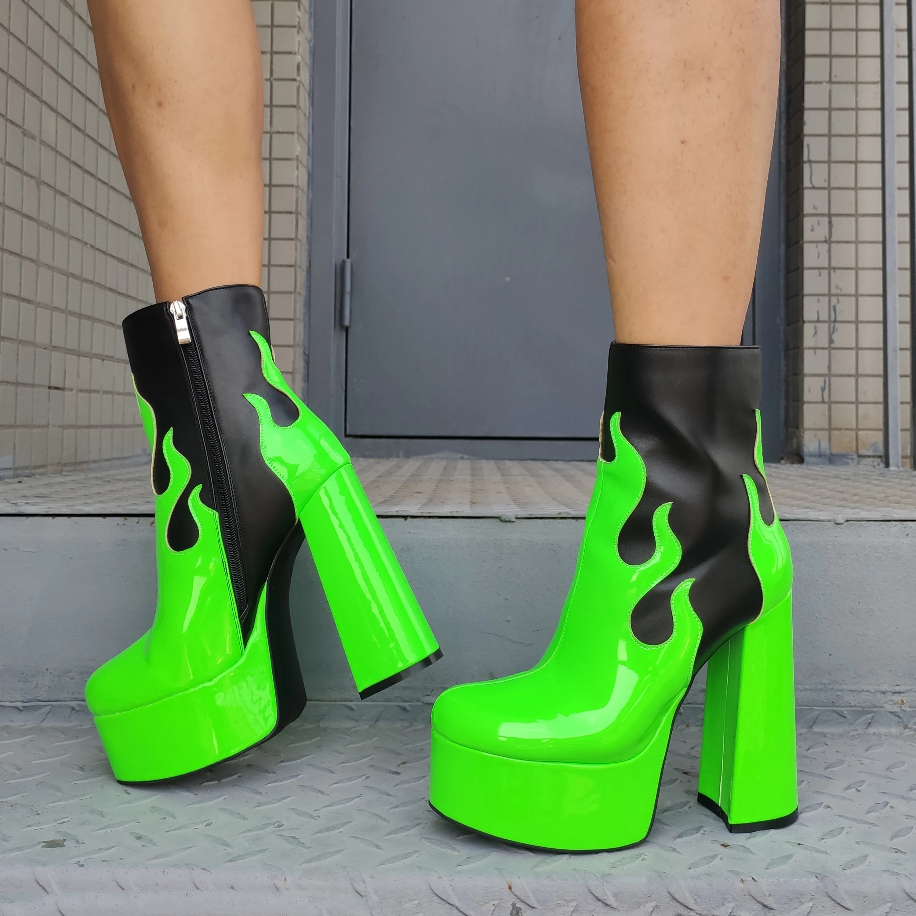 BERZIMER-Women-Ankle-Boots-Round-Toe-Zip-Up-Patchwork-Fire-Thick-Heels ...