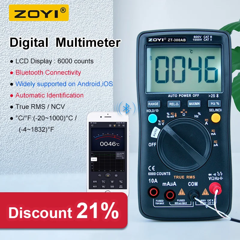 Zoyi Zt-300ab Wireless Digital Multimeter True Rms Manual/auto Ranging ...