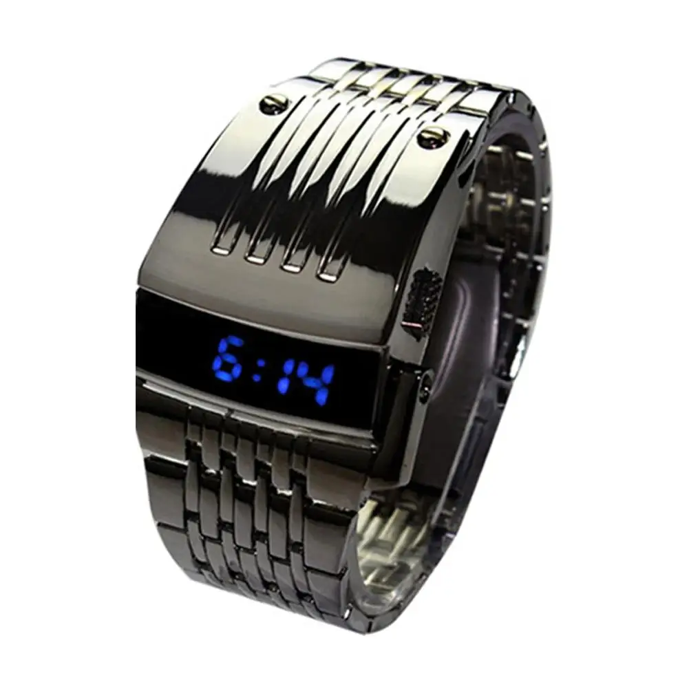 Fashion Electronic Watch Blue LED Display Wide Stainless Steel Band Men ...
