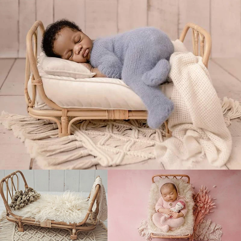 Handmade Retro Woven Rattan Bed Portable Props Newborn Photography ...