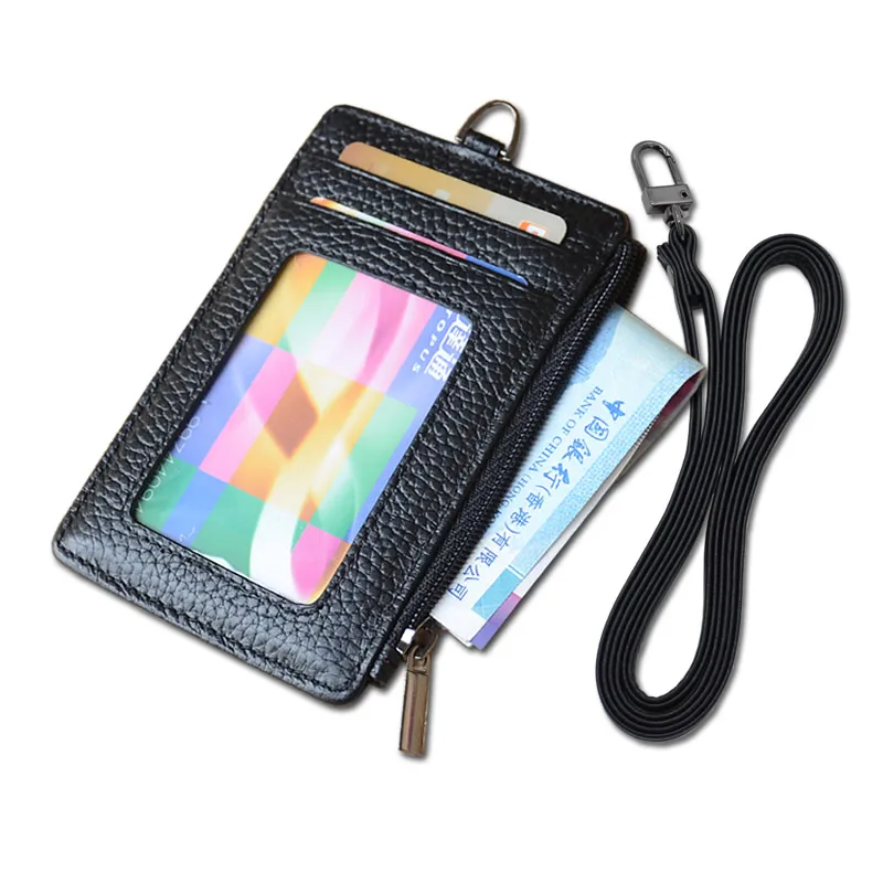 ID-Card-Badge-Holder-Genuine-Leather-2Sided-5Slots-Zip-Coin-Purse-Bus ...