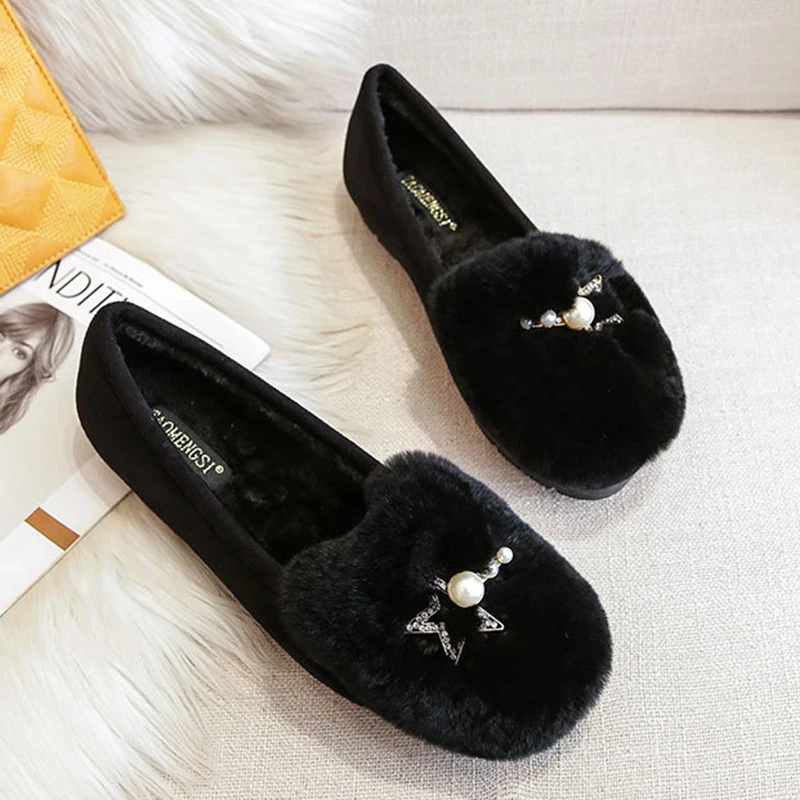 Winter-Rabbit-fur-shoes-women-pearl-crystal-buckle-cotton-flats-woman ...