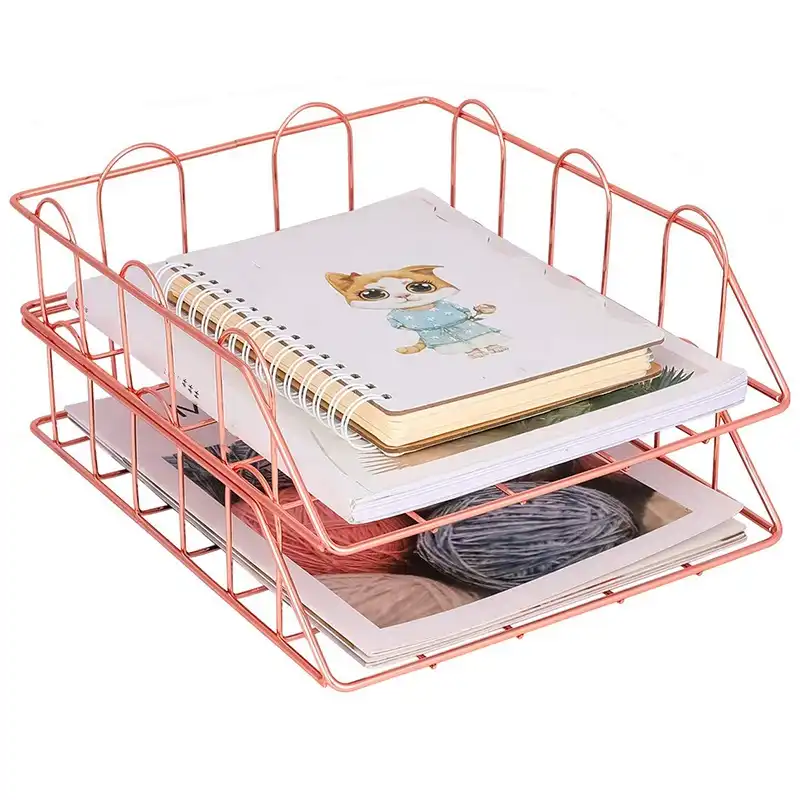 2pcs / Set Rose Gold Desk Organizer Stackable Paper Tray Metal Wire Two ...