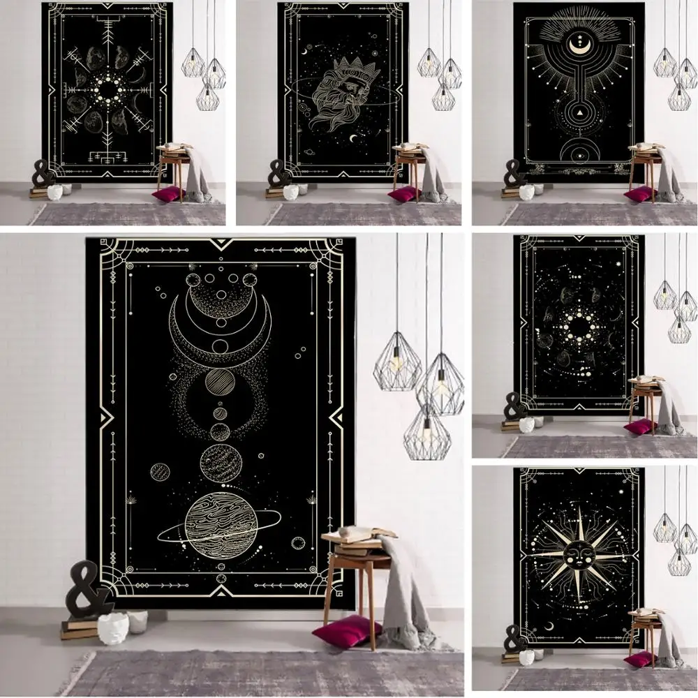Witchcraft Tarot Tapestry Wall Hanging Black Khaki Sun Moon Starry ...