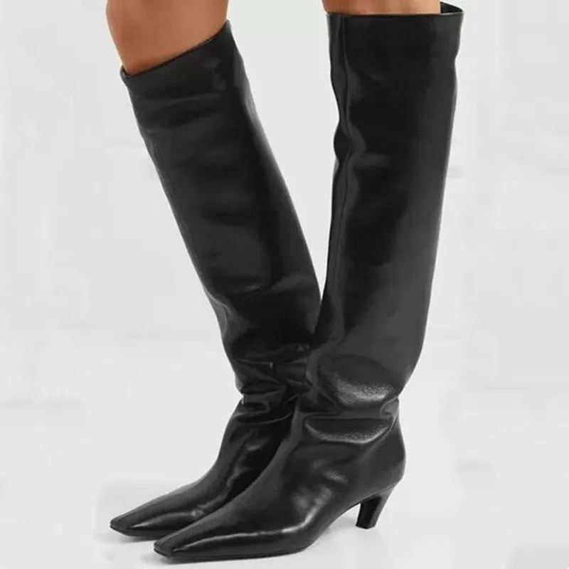 Kitten-Mid-Heel-Square-Toe-Knee-High-Knight-Boots-For-Women-Cool-Black ...