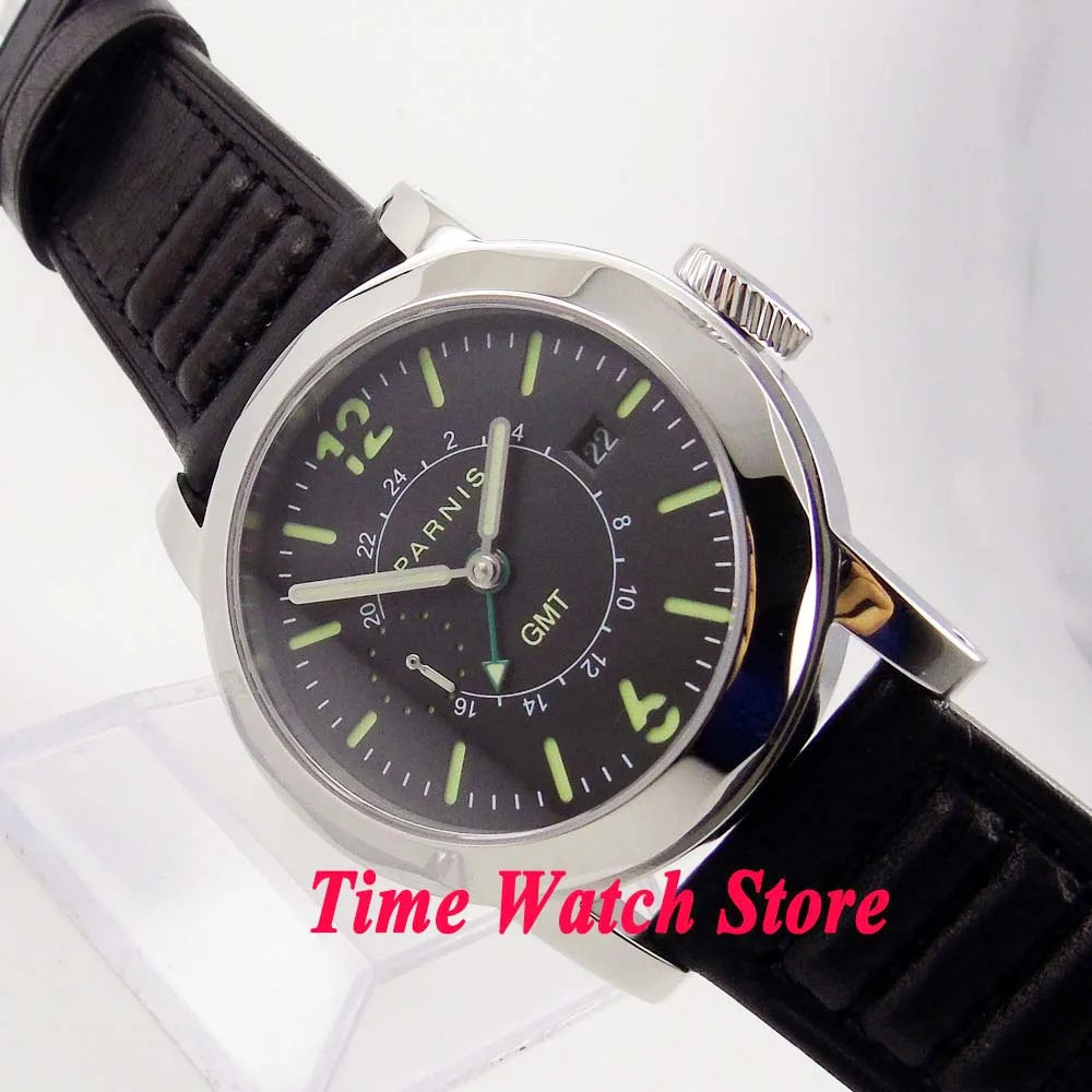 44mm Parnis GMT mens watch 707 black dial luminous sapphire glass date ...