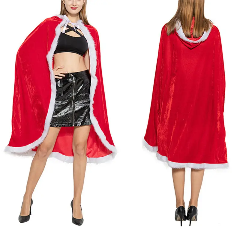 Women Girls Christmas Cloak Cosplay Santa Claus Red Gold Velvet Long ...