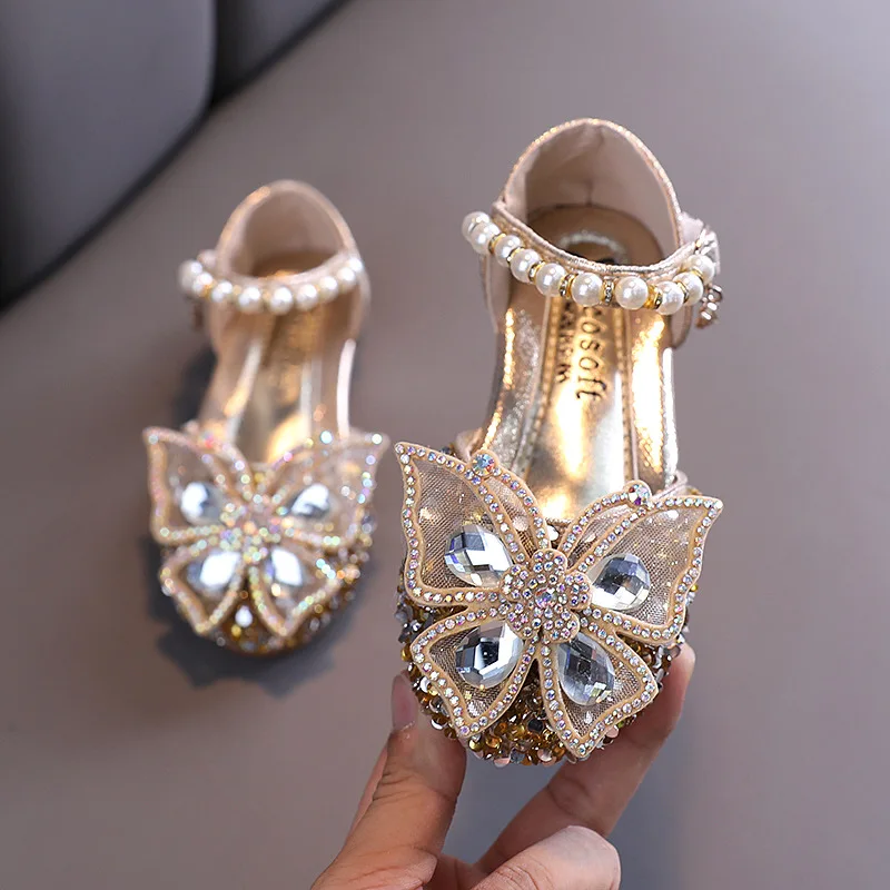 Fashion Girls Sequin Lace Bow Kids Shoes Girls Cute Pearl Princess ...