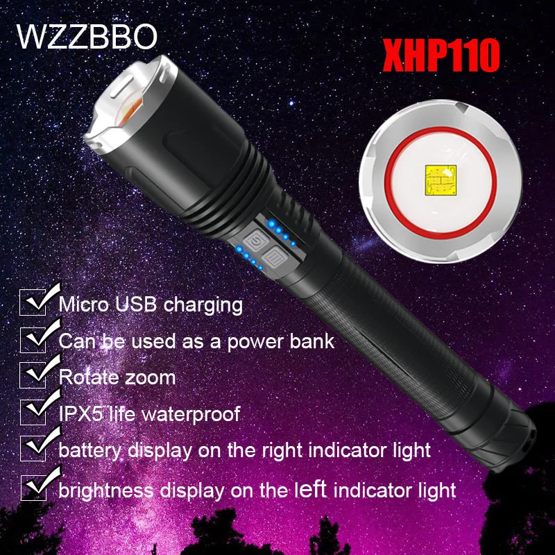 Potente linterna LED de 100000 lúmenes, XHP 110, linterna recargable ...