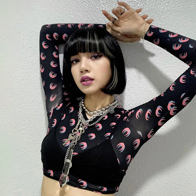 Moon Print Mesh See Through Sexy Matching Sets Women Autumn Winter Long ...