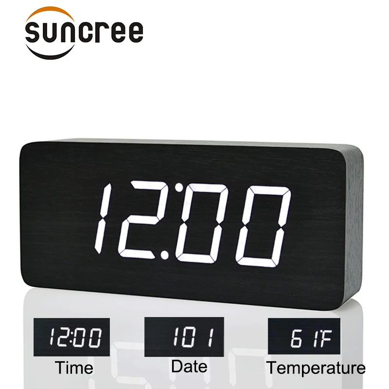 Suncree LED Wooden Table &Desk Alarm Clock with Time Date Temperature ...