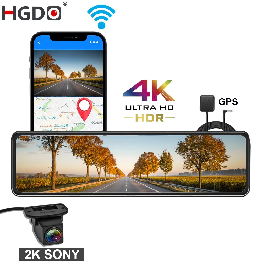 HGDO M210 4K + 2K Dash cam GPS WIFI Front SONY IMX415 Rear View Mirror ...