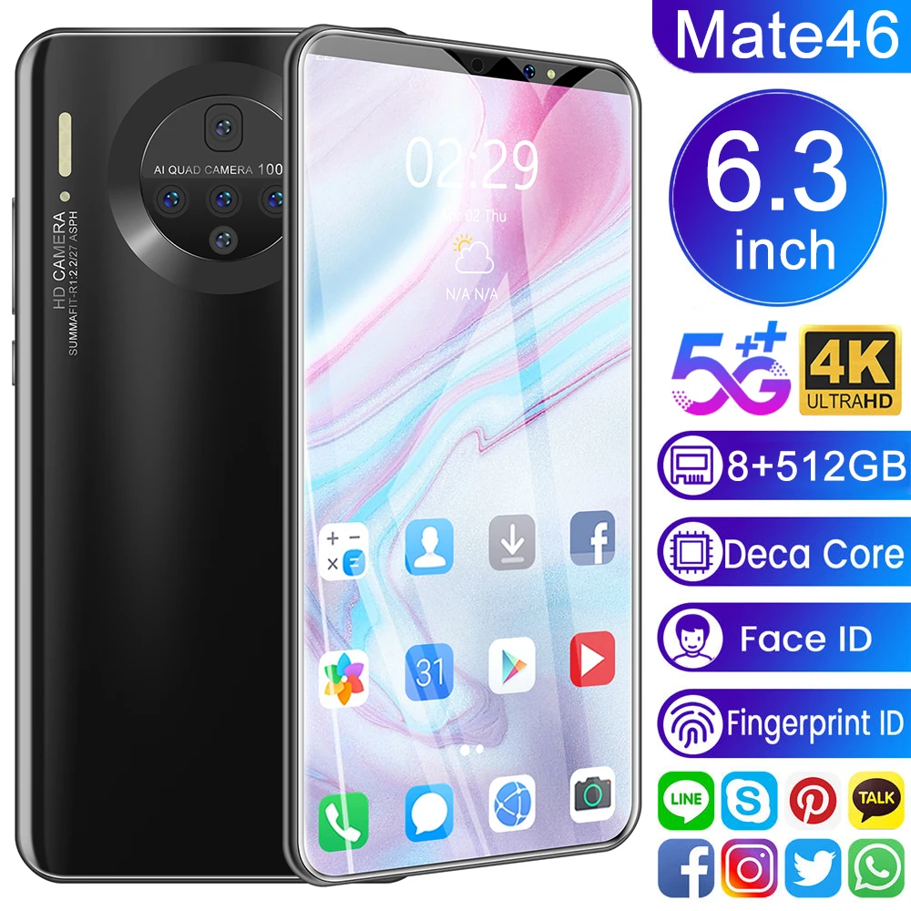 Global Unlock Mate46 Pro 6.3 Smartphone HD Full Screen 12+512G Android ...