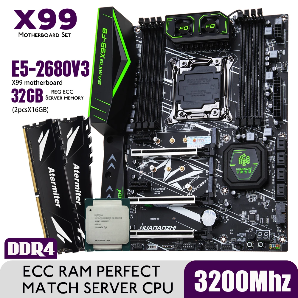 Huananzhi X99 F8 X99 Motherboard With Intel Xeon E5 2680 V3 With 2*16gb = 32gb Ddr4 3200mhz Reg ...