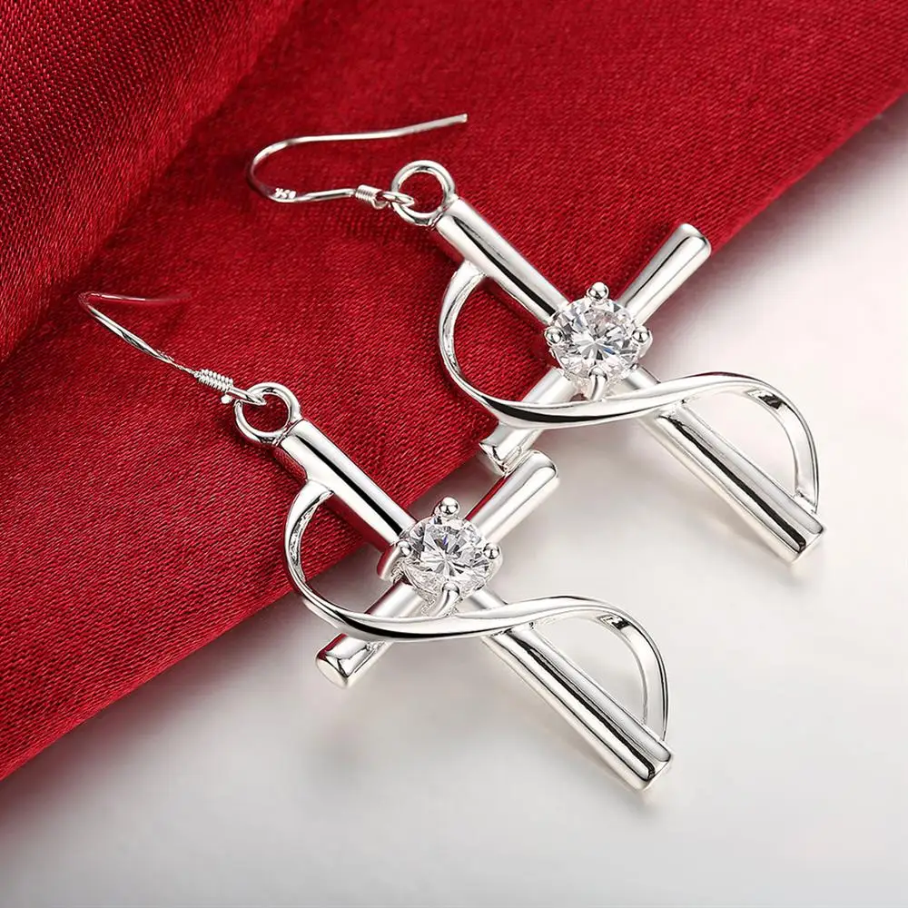 High quality 925 Stamp Silver color Earrings for woman fashion Jewelry elegant crystal cross ...