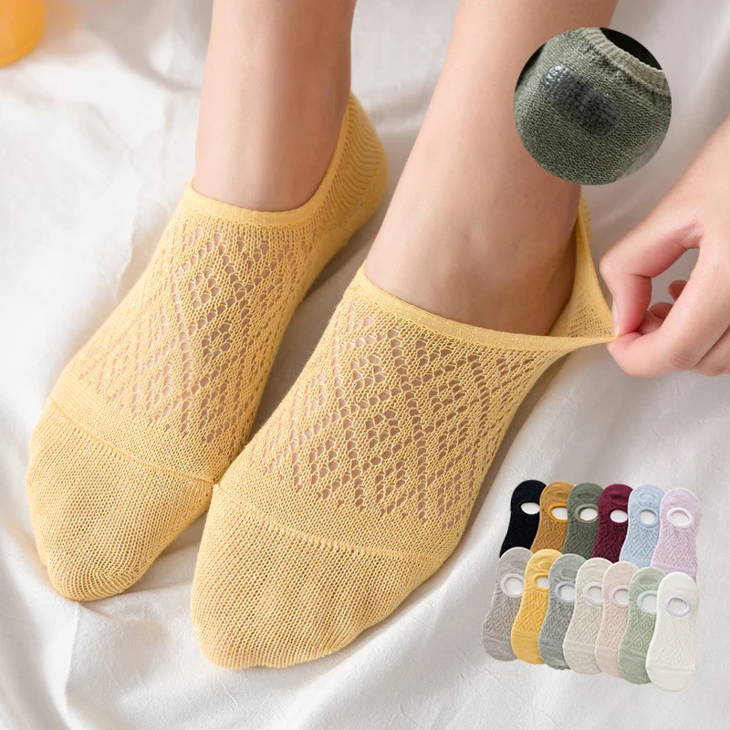 5 Pairs Women Socks Solid Colors Mesh Non-slip Invisible Summer Ankle ...
