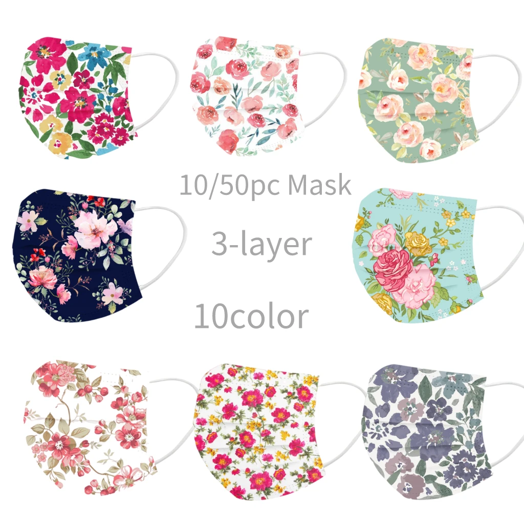 10pc-Mask-Flower-3-layer-Cute-Face-Mask-Women-Adult-Non-woven-Masks ...