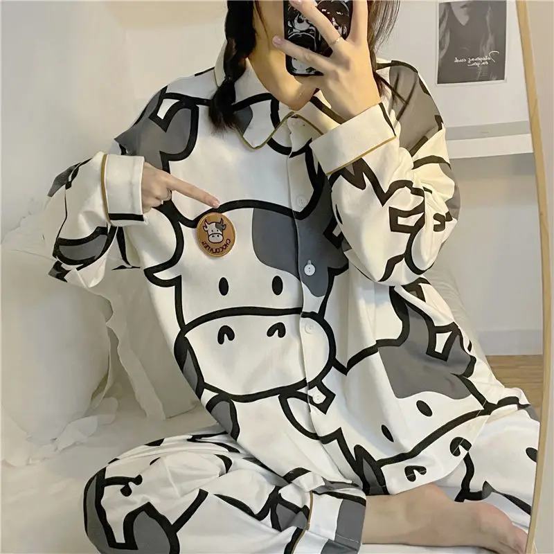 Cow Print Pajamas Two Piece Set Autumn Pijamas Women Cotton Cute Home ...