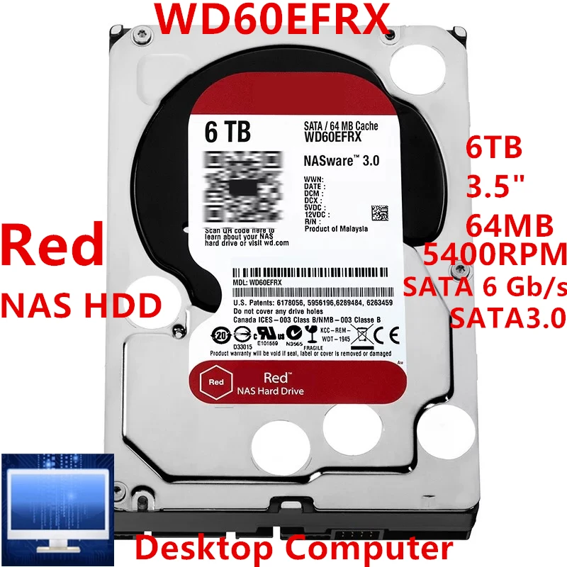 Original HDD For WD Brand Red 6TB 3.5" SATA 6 Gb/s 64MB 5400RPM For ...