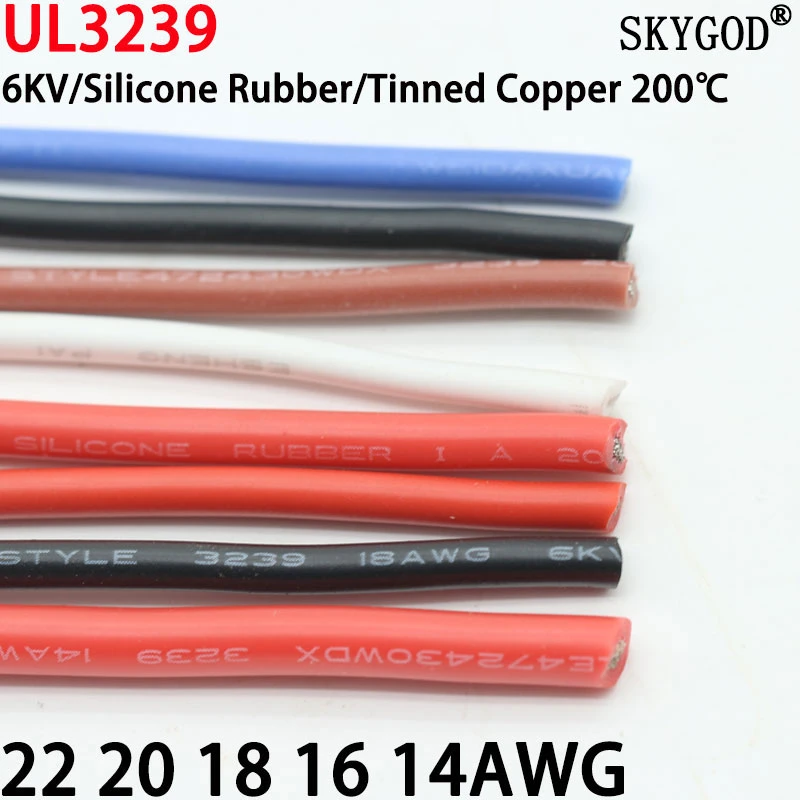 1/10M 22 20 18 16 14 AWG UL3239 6000V 6KV Soft Silicone Wire 200Deg.C Tinned OFC Copper Flexible ...