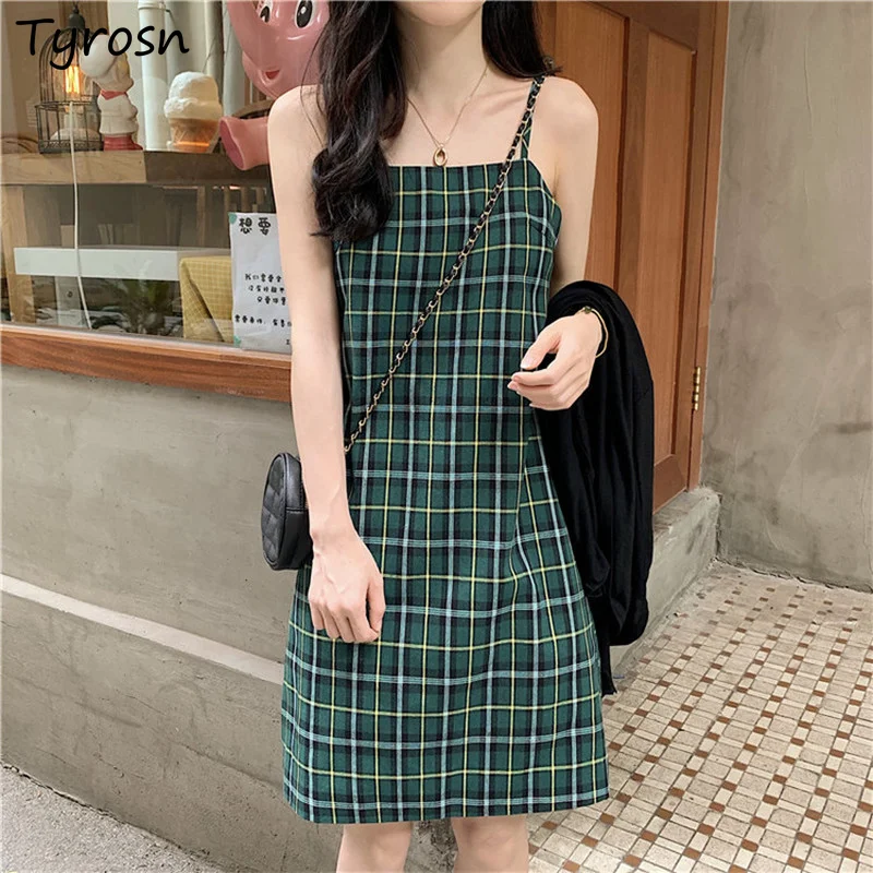 Vestidos a cuadros clásicos para mujer, estilo Retro japonés, tiernos, sin mangas, por encima de ...