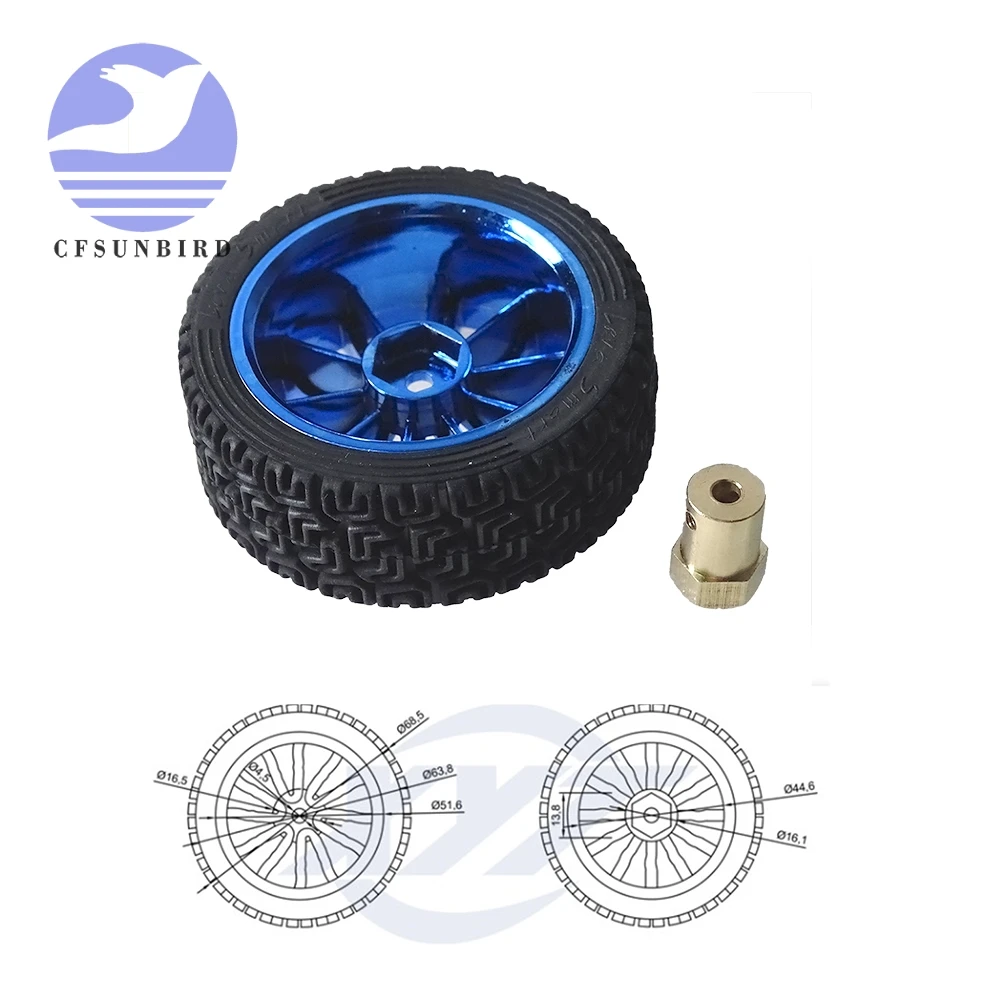 65mm Rubber Wheel RC Model Tire Lengthen Copper Coupling Hex Connection ...