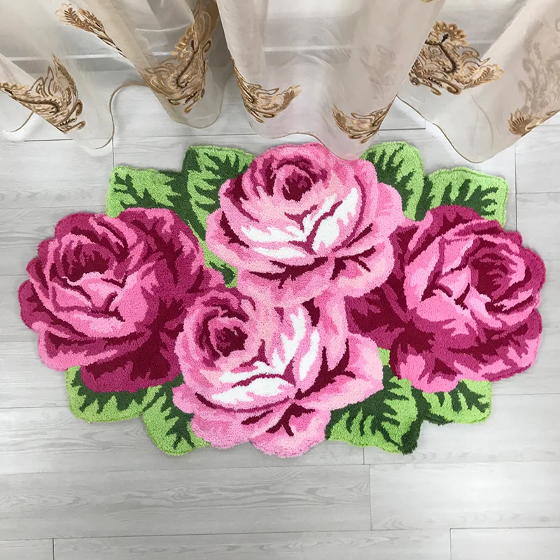 Top-Quality-Pink-Rose-Rug-Hand-Woven-Rose-Flowers-Carpet-Doormat-Floor ...