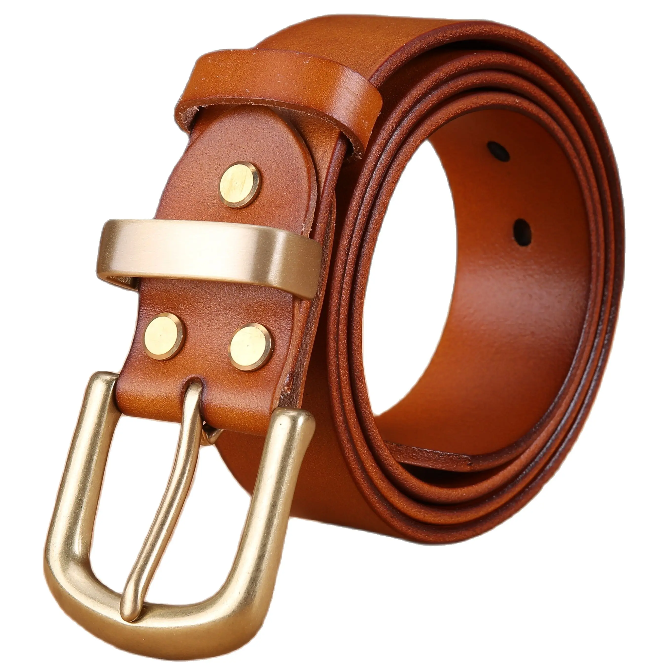Camel vegetable tanned belt solid brass buckle high quality mens belts ...