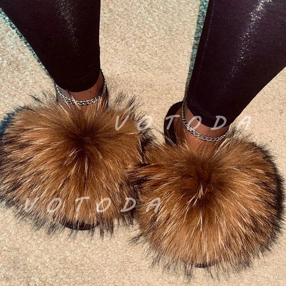 Summer-Women-Fur-Slippers-Woman-Fluffy-Raccoon-Fox-Fur-Slides-Female ...